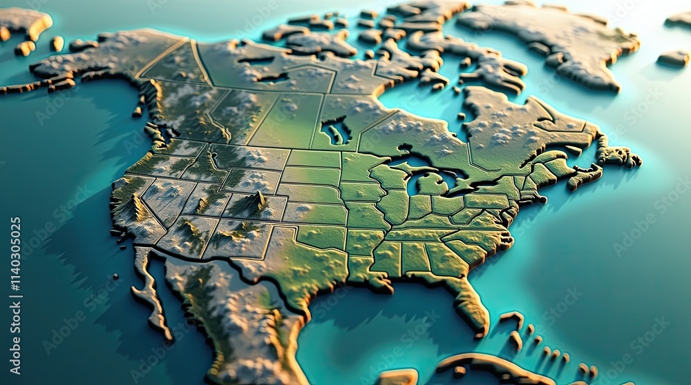 3D Close-Up of North American Topographic Map with State Borders and ...