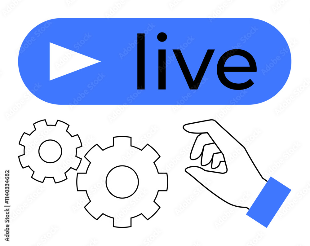 Play button with live text badge, hand adjusting gears, representing ...
