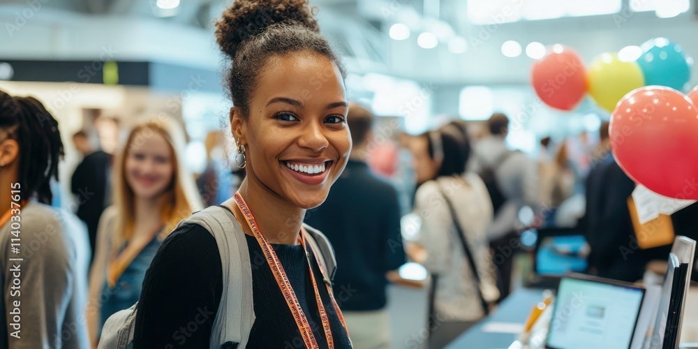 A vibrant booth at a career fair showcasing a company's culture and ...