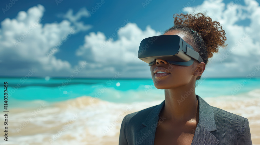 Businesswoman in virtual reality on the background of the beach and the ...