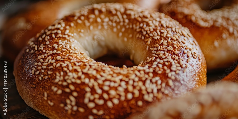 Close up of a delicious Turkish bagel, known as simit, showcasing its ...