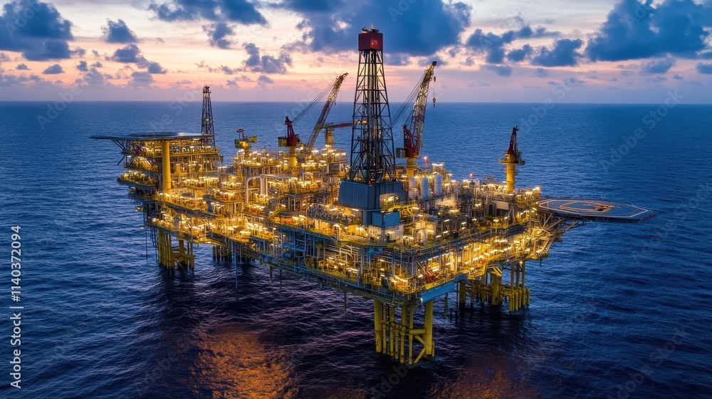 Exploration of offshore oil rig amidst turbulent waves in a dramatic ...