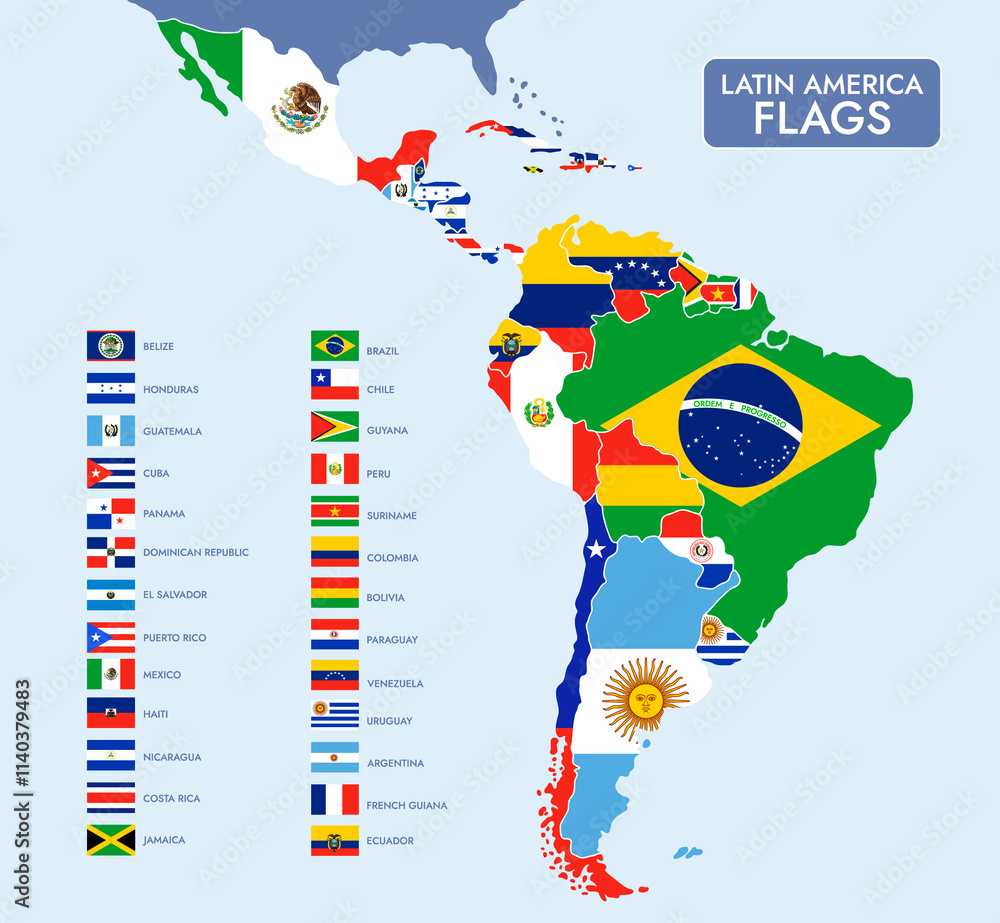 Latin America Map with National Flags Stock Illustration | Adobe Stock