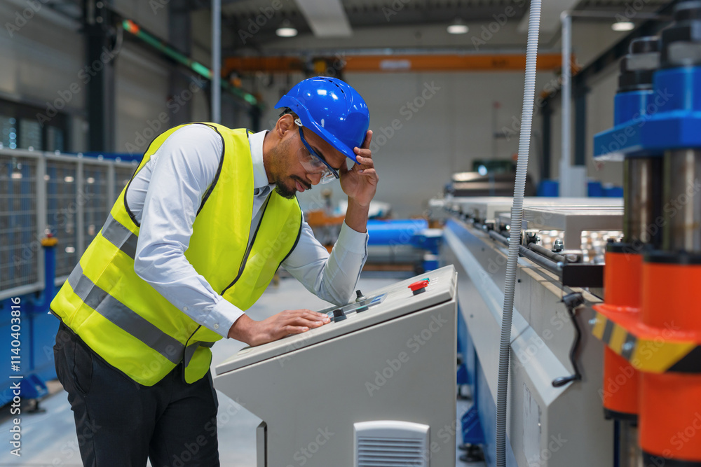 Sad and angry production line engineer at work in industrial factory ...