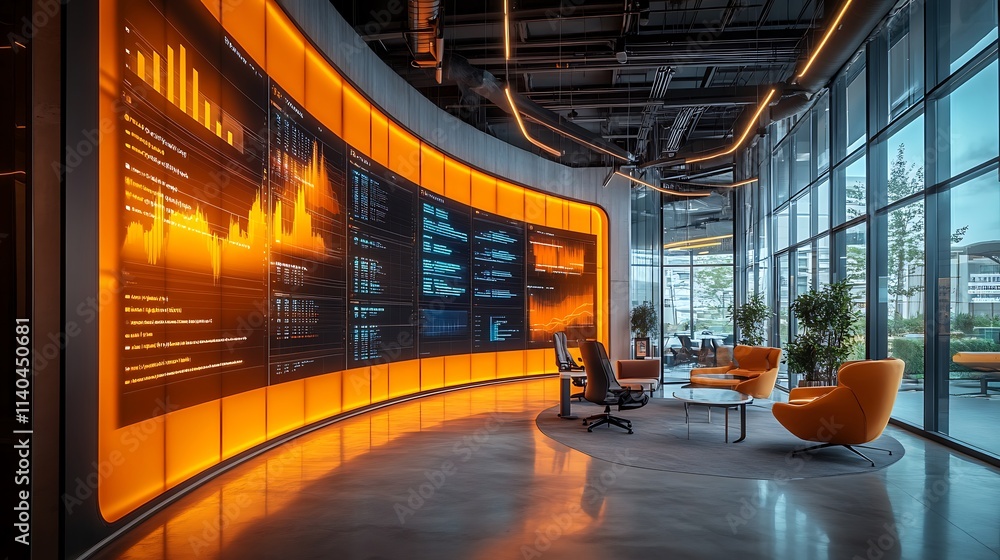 A creative tech hub with glowing touch-enabled graphs on curved digital ... A creative tech hub with glowing touch-enabled graphs on curved digital ...
