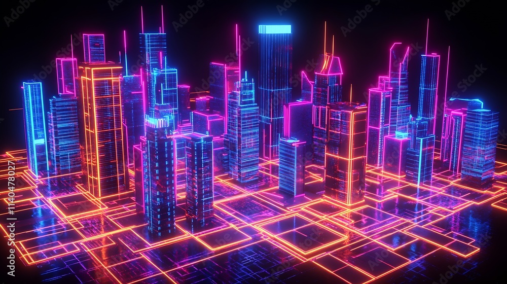 Colorful Neon Skyline of a Futuristic Cyber City with Illuminated ...