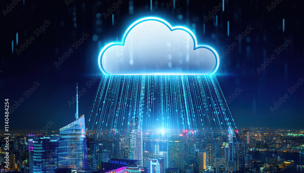 glowing neon cloud hovers above futuristic city, with binary code streams cascading down ...