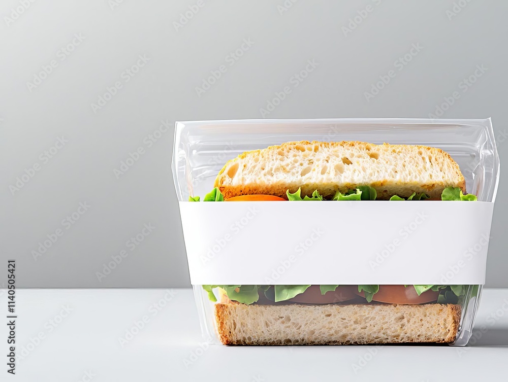 Clear plastic sandwich box with a blank wraparound label, displayed on ...