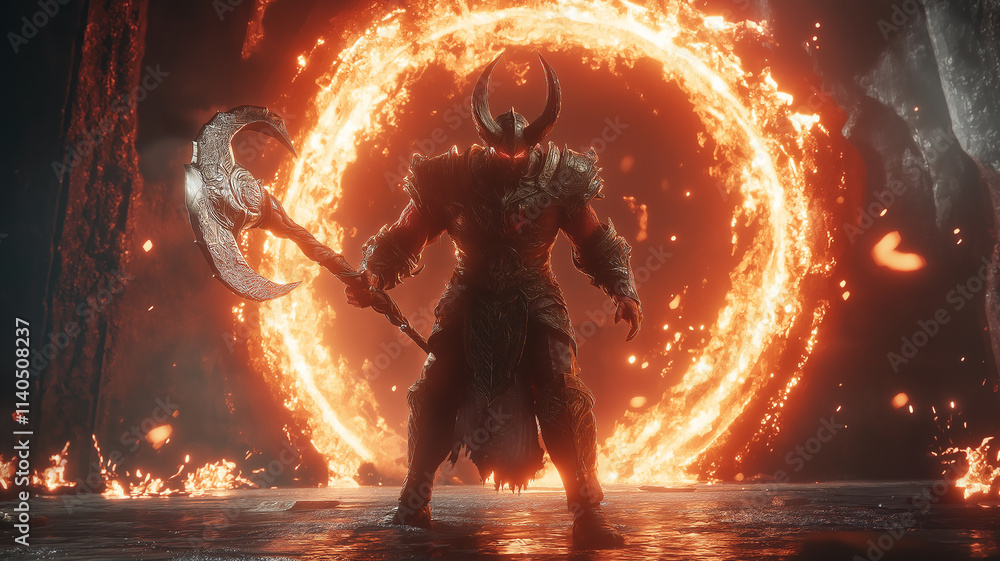 Fiery warrior with an axe emerges from a burning portal. Concept of ...