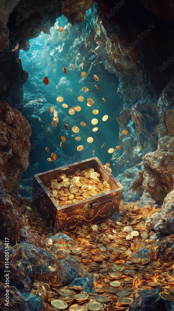 Sunken treasure chest overflowing with gold coins in an underwater cave ...
