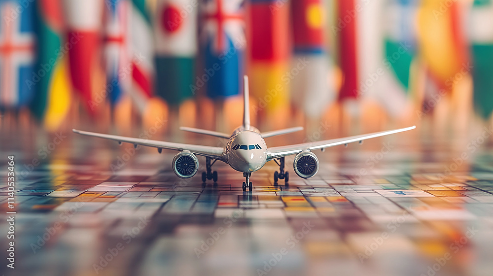 Small miniature airplane model between many various different country ...