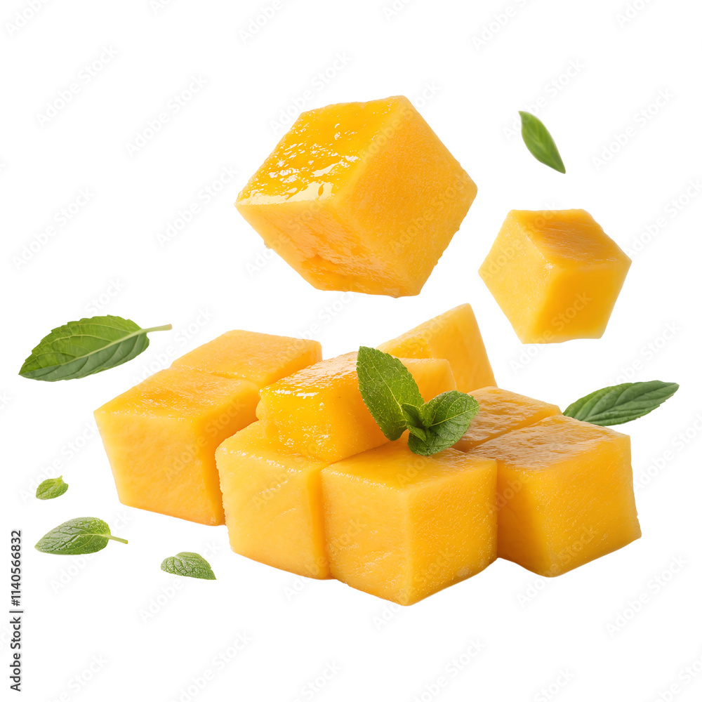 Fresh Mango Cubes with Mint Leaves isolated on transparent background ...