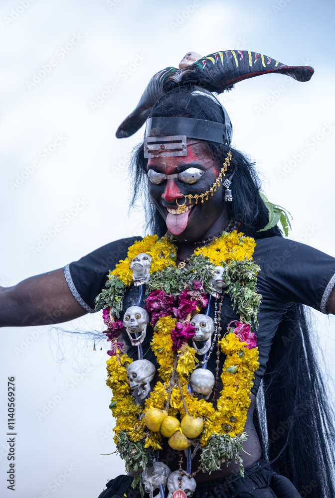 Kulasai Dasara, Portrait of indian male with painted face and dressed ...
