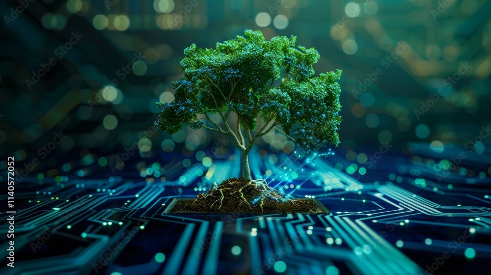 Tree with soil growing on the converging point of computer circuit ...
