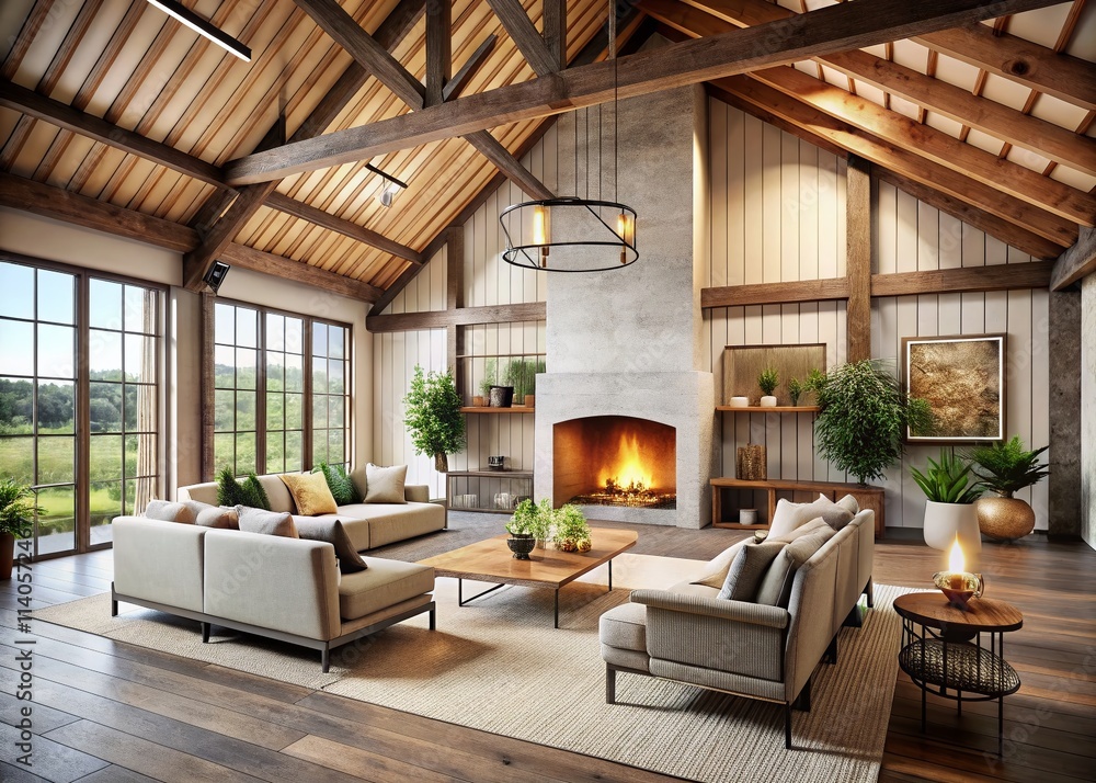 Modern Barn Interior Design: Stylish Rustic Farmhouse Living Room with ...