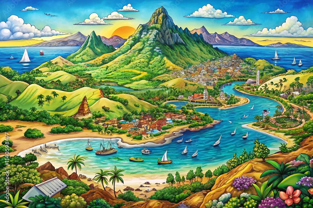 Oahu Island Map Panoramic Photo, Freehand Doodle Style, Hawaiian Island ...