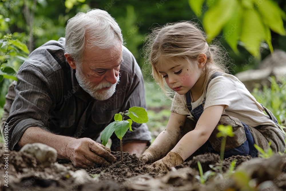 Grandfather and Granddaughter Planting a Tree Together in the Garden ...