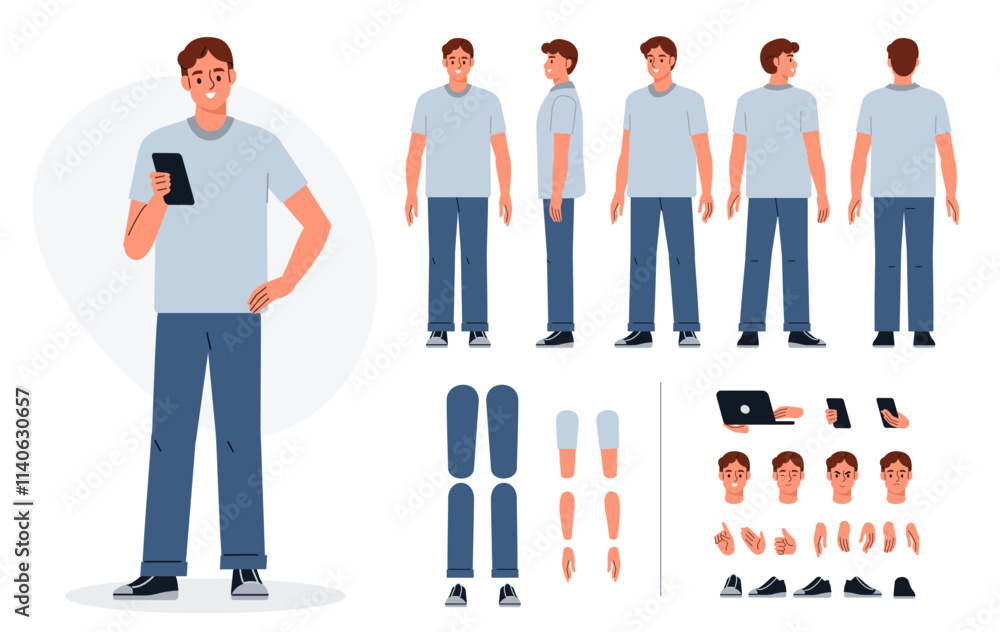 Vector de Stock Casual man character constructor for animation. Front, side and back view. Body ...
