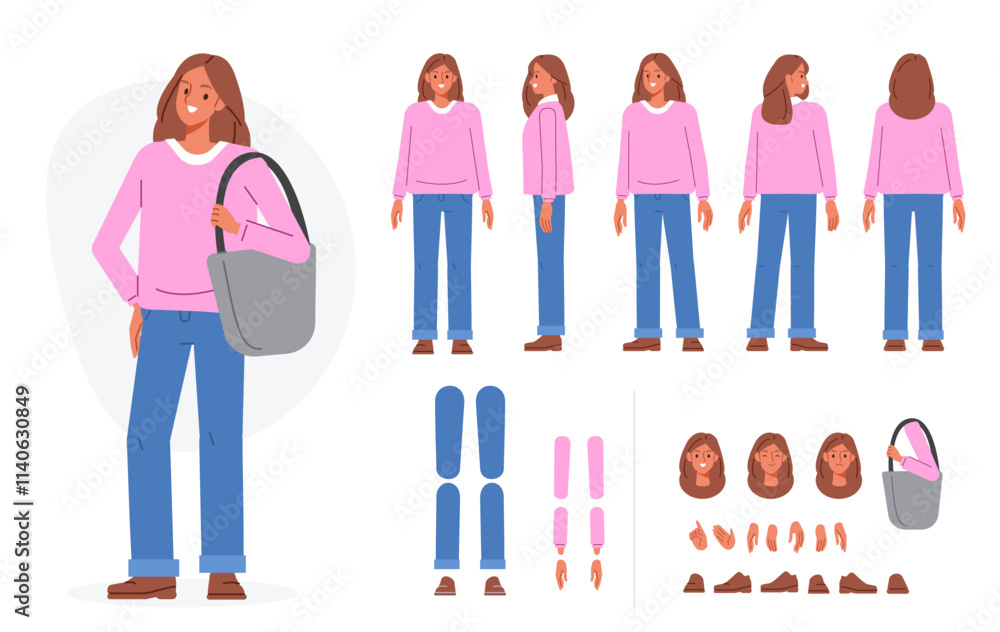 Teenage girl character with shopper bag. Constructor for animation ...