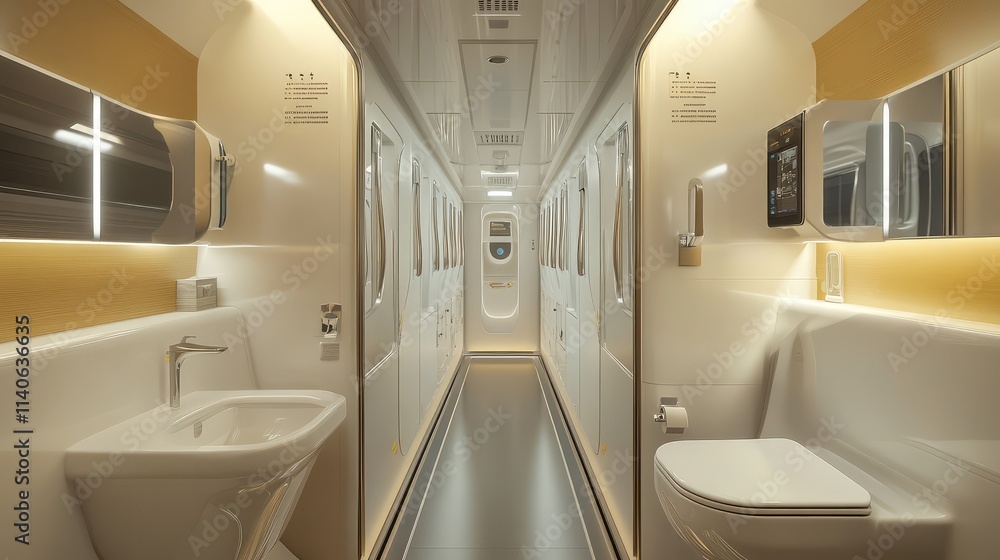 A high-speed train restroom interior, showcasing its compact, sleek ...