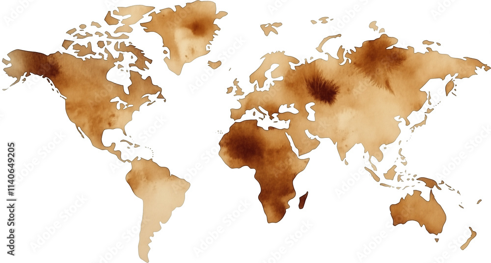 Colorful coffee stain paint world map on transparent background. Stock ...