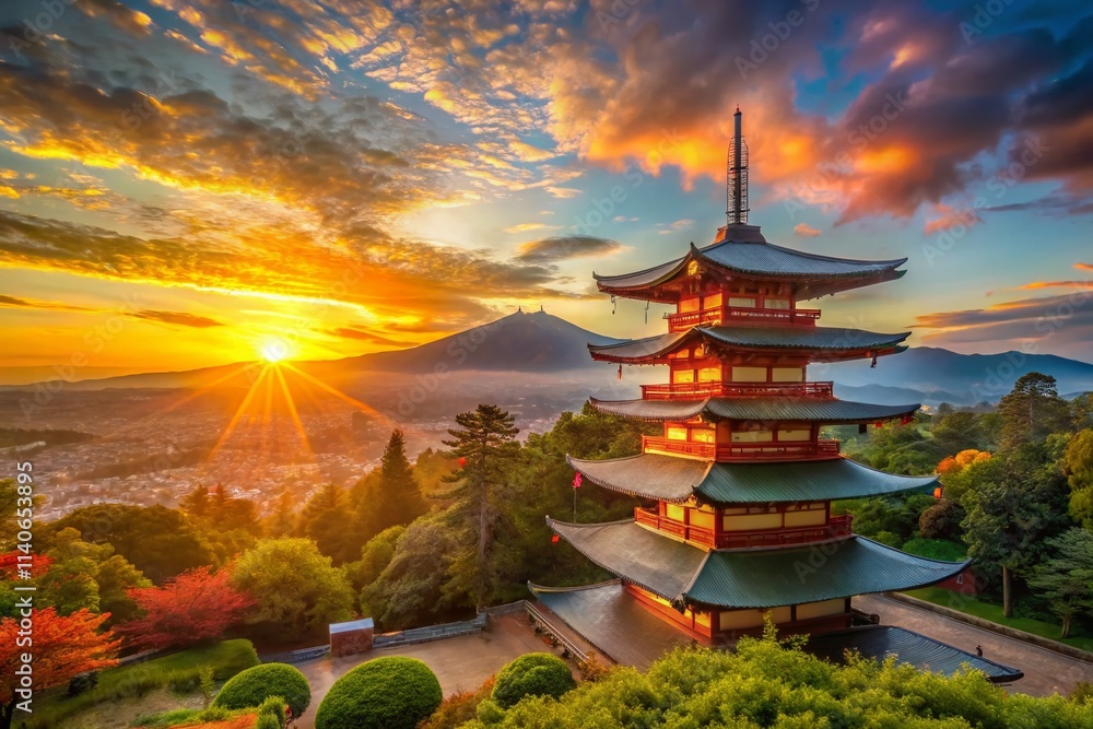 Ilustración de Stock Rising Sun Japan, Japanese Sunrise, Golden Hour ...