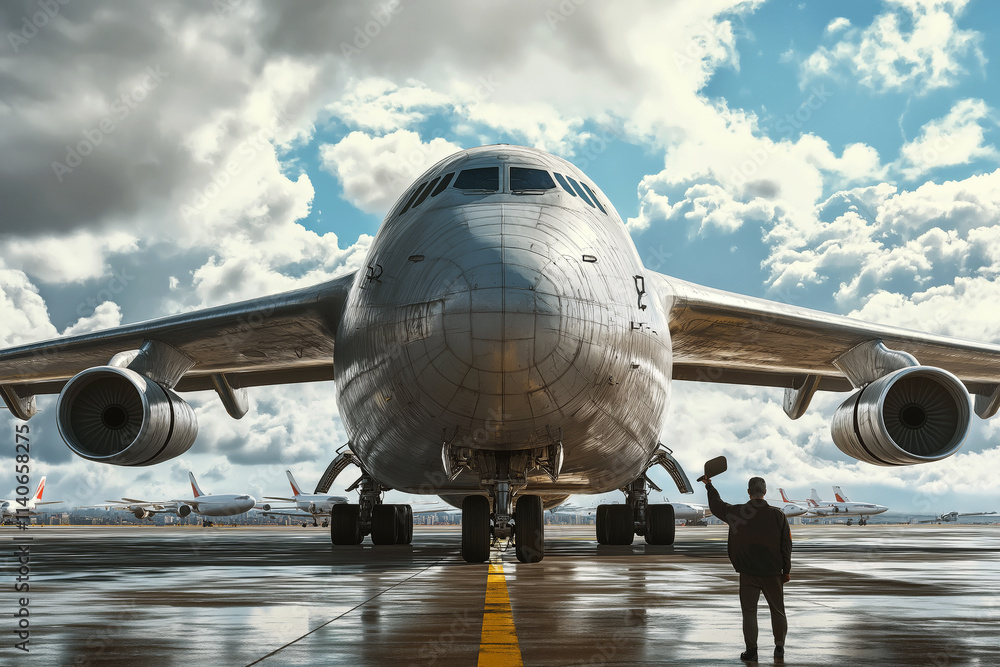 Ground crew member directing a massive cargo plane on a wet runway ...