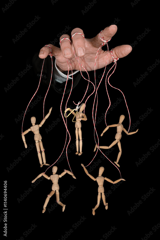 Wooden puppet doll cutting thread with scissors, obeying master hand ...