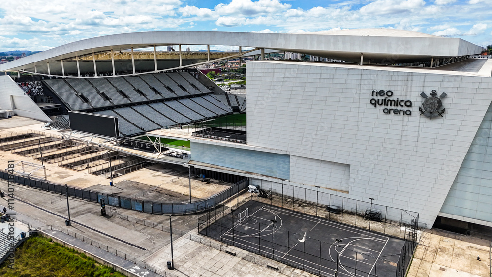 Visão aérea da fachada do estádio do Corinthians, Neo Química Arena, em ...
