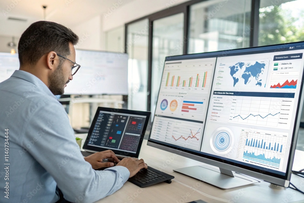An analyst uses a computer and dashboard for data business analysis and ...