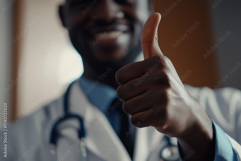 Doctor giving thumbs up hand sign in private practice hospital wearing ...