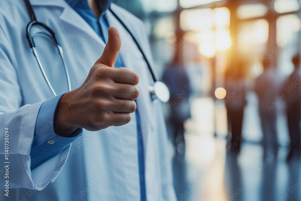 Doctor giving thumbs up hand sign in private practice hospital wearing ...