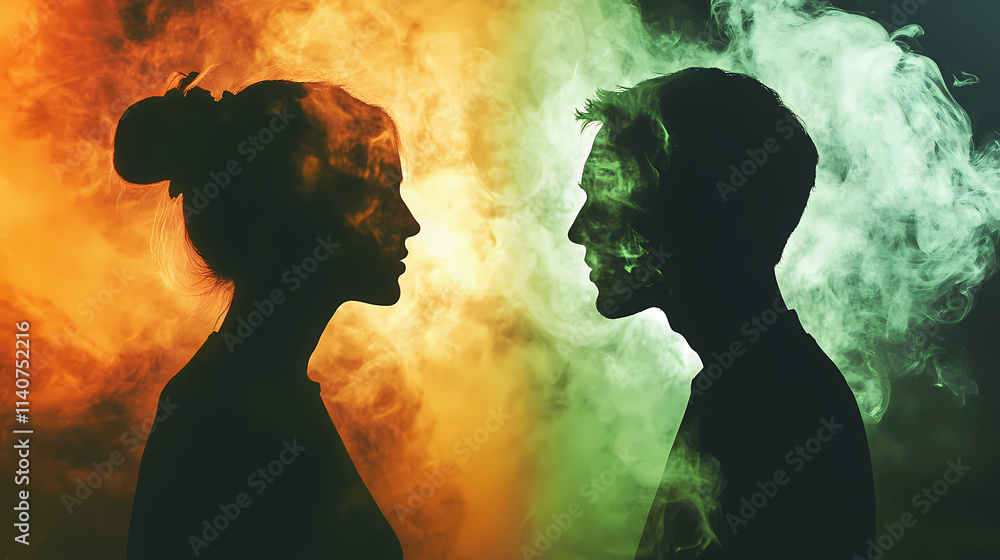 Silhouetted couple separated by orange and green smoke low angle ...