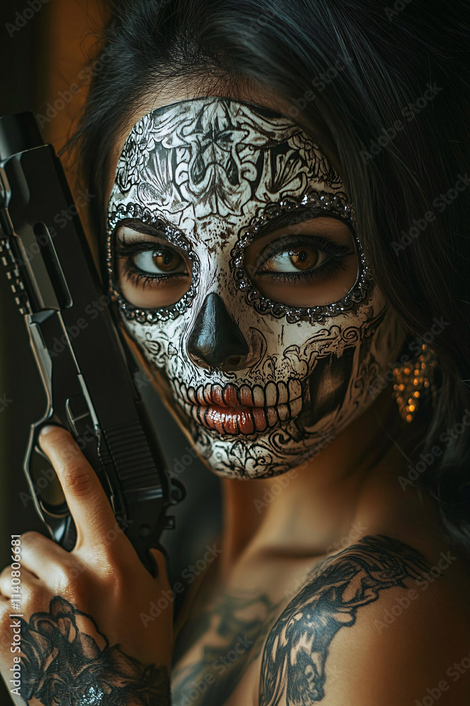 Stylized illustrations of women with skull face paint and guns, bold ...