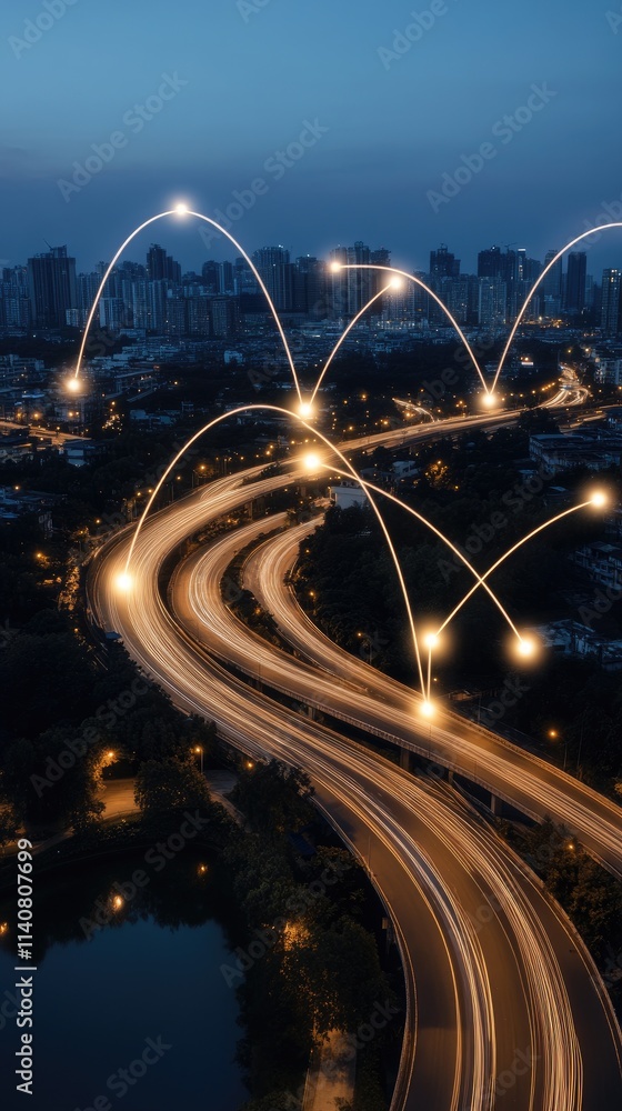 Connected digital nodes create a vibrant network above a city skyline ...