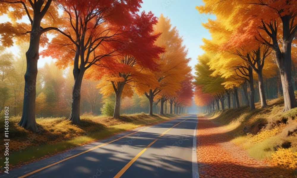 Narrow winding road flanked by maple trees in full color, winding road ...