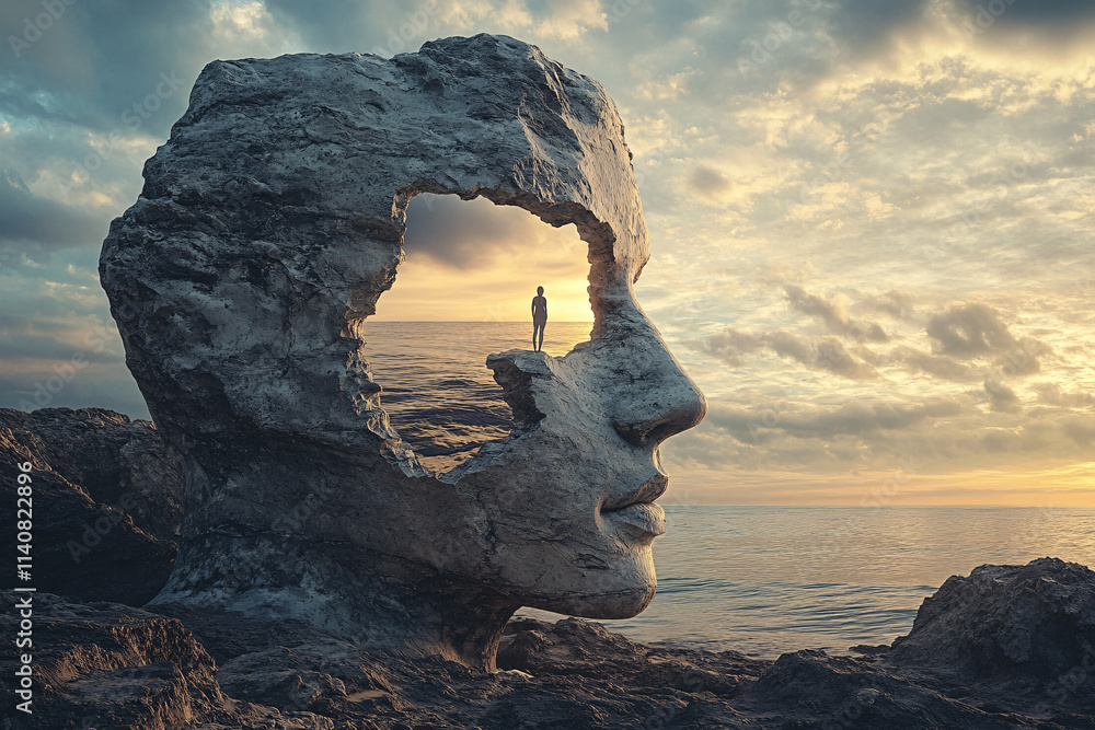 Surreal artwork of human faces sculpted into rocky landscapes with ...