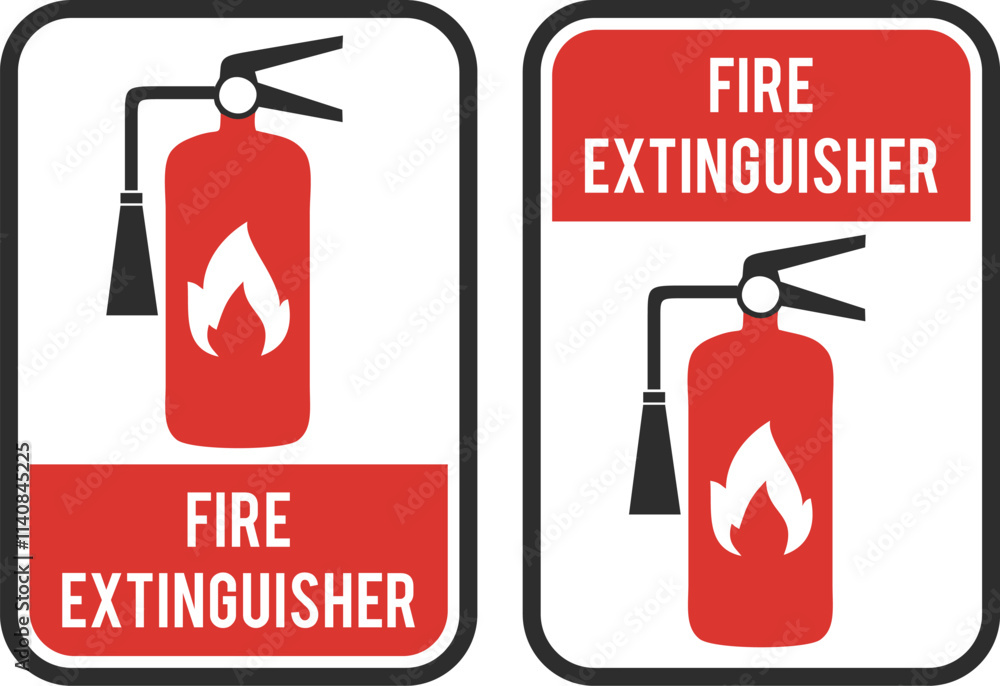 Fire extinguisher sign. Firefighters tools for flame fighting symbol ...