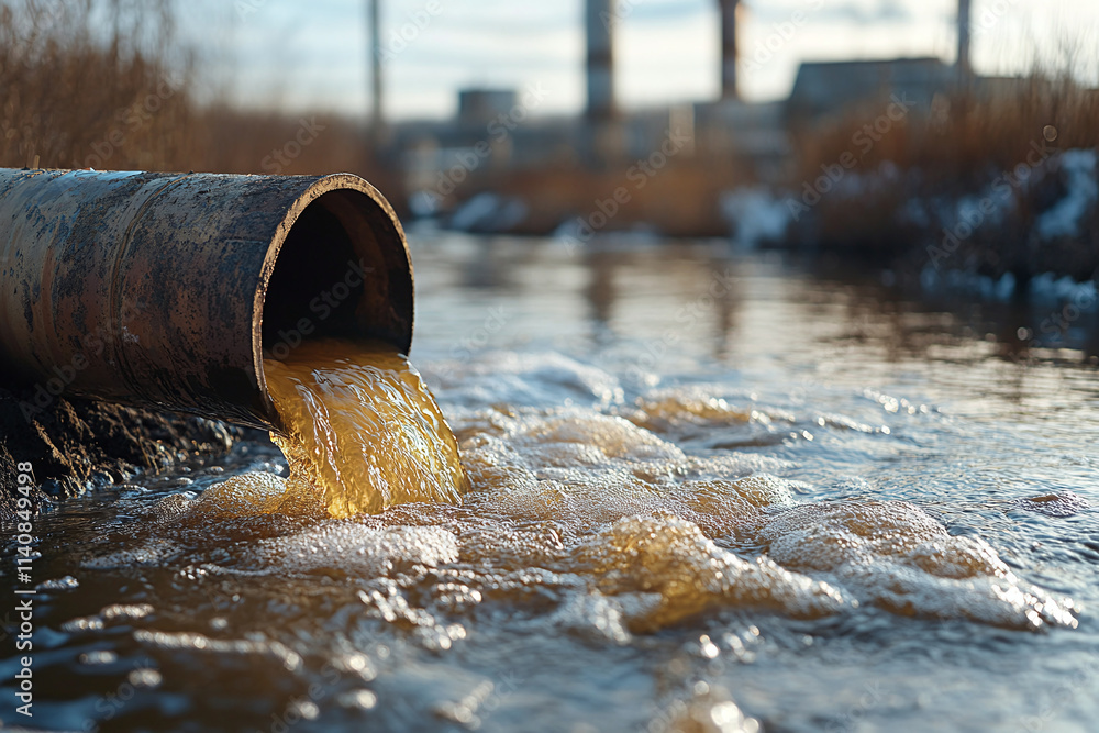 Industrial effluent, pipeline discharging liquid industrial waste into ...