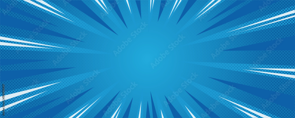 Sun rays blue background, starburst anime pop art cartoon or comic ...