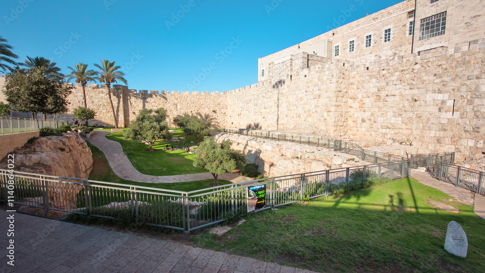 Defensive wall of the ancient holy Jerusalem timelapse hyperlapse, lit ...