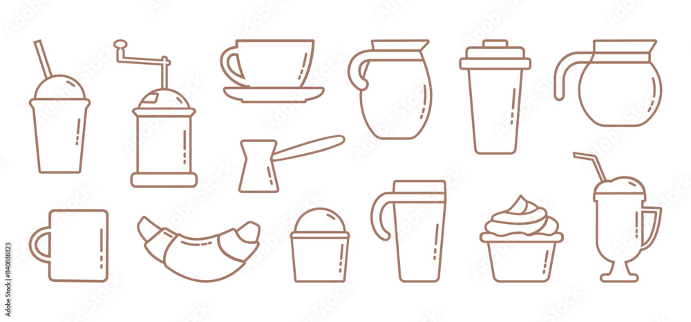 Coffee line icon mocha mousse colors, cup and mug, hot drink set. Cafe ...