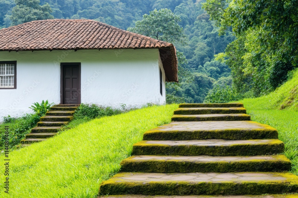 Lush green pathways lead to an old Kerala tharavadu house with moss-covered clay tiles nestled ...