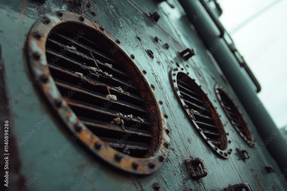 Industrial-aged vents with circular rusted frames depict the harsh ...