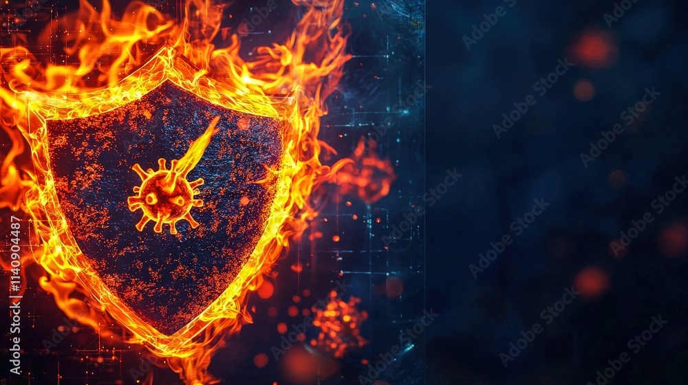 Cyberattack and IT infrastructure, A firewall icon with flaming shield ...