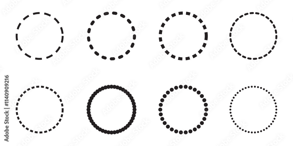 Set of circle shapes with dashed lines, Dashed and dotted circle icon ...