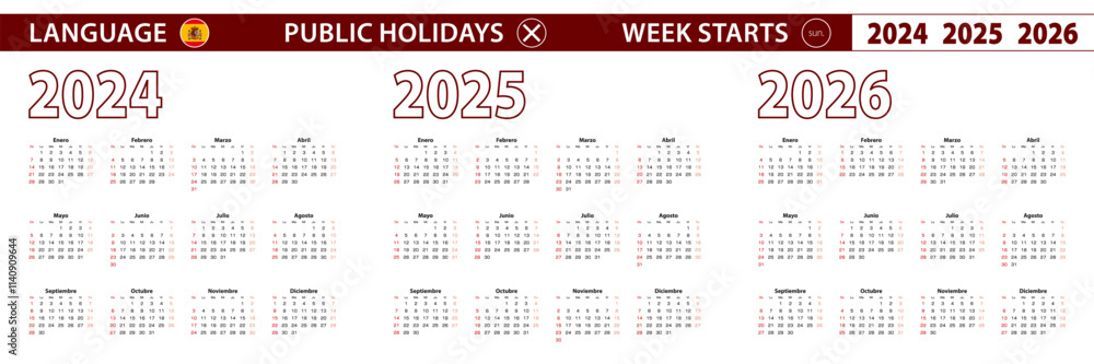 2024, 2025, 2026 year vector calendar in Spanish language, week starts ...