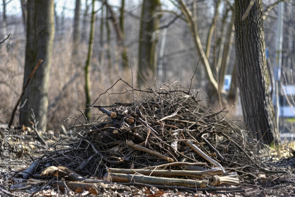 Pile Of Branches. Dumping Yard with Garbage Waste and Tree Stumps in ...