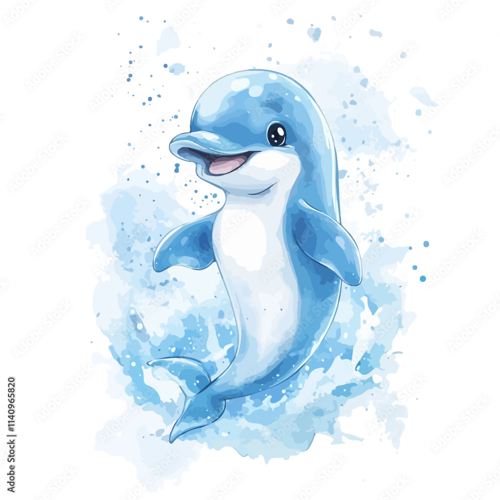 cartoon dolphin cute chibi watercolor painting vector illustration ...