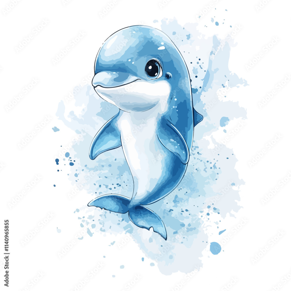 cartoon dolphin cute chibi watercolor painting vector illustration ...